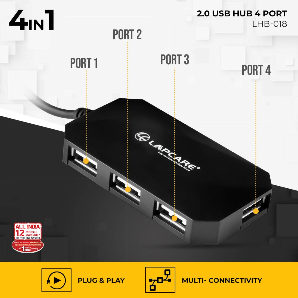 4 Port 2 USB Hub with 1.5M Cable, all 4 port work together