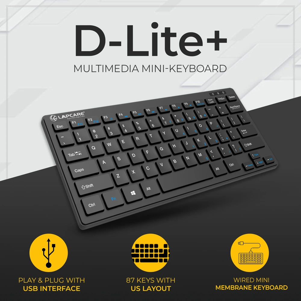 D-Lite - Black 87 Key Mini Multimedia Wired Keyboard