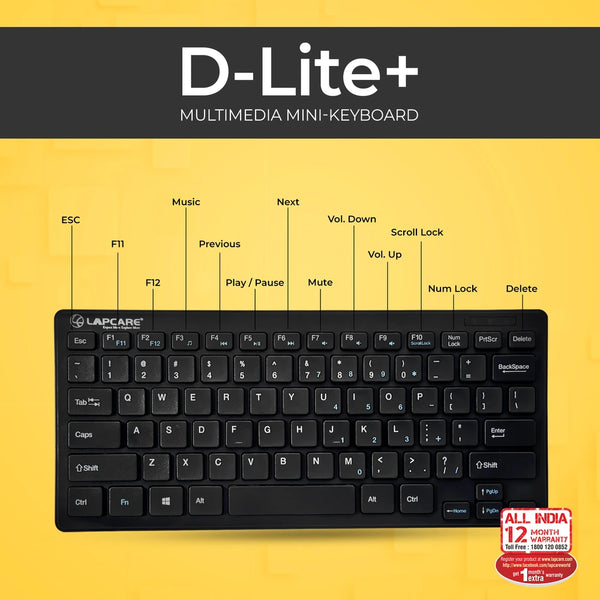 D-Lite - Black 87 Key Mini Multimedia Wired Keyboard – lapcare.com